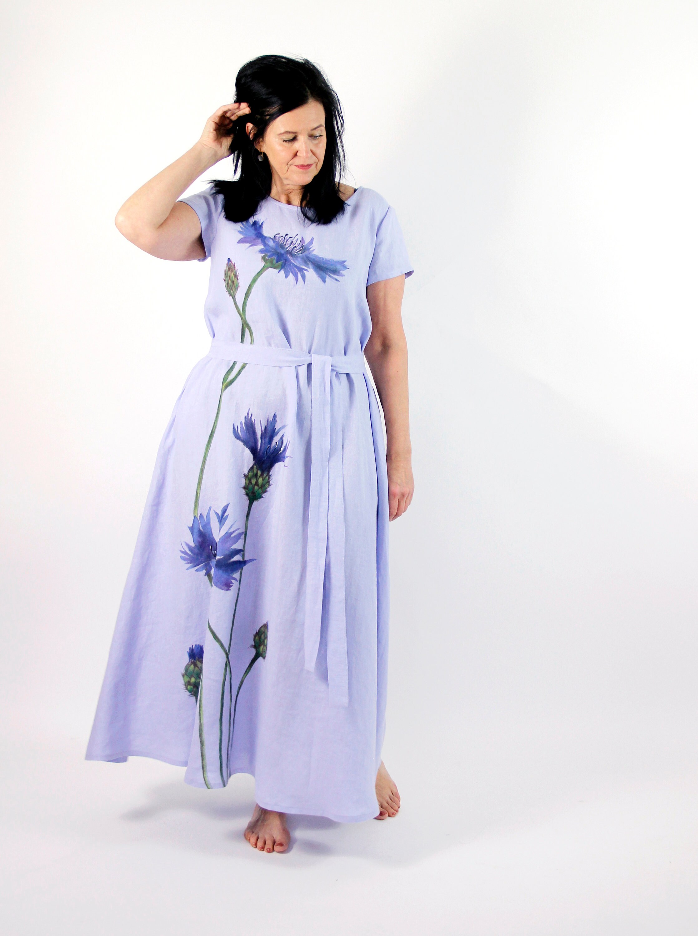 Hand Painted Cornflower Maxi Loose Washed Linen Dress With - Etsy