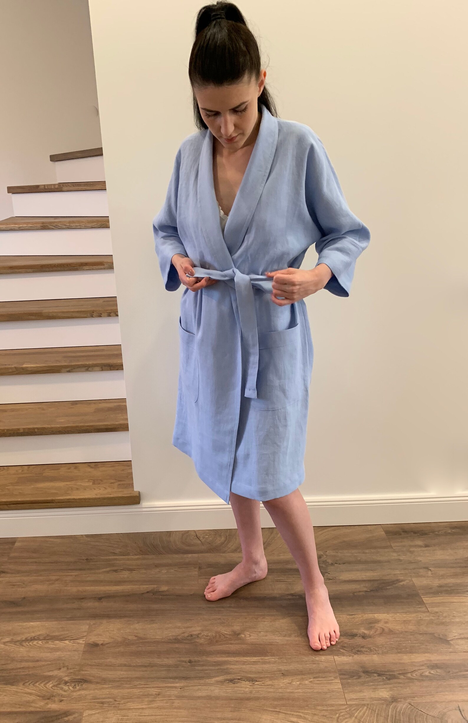 Linen Kimono Wrap Bathrobe With Pockets for Women Blue Soft | Etsy