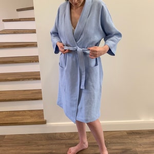 Linen Kimono Wrap Bathrobe With Pockets for Women, Blue Soft Natural ...
