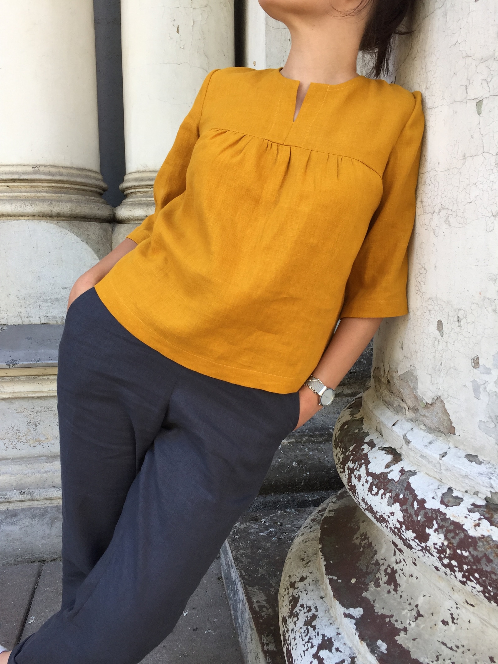 Loose Washed Linen Vintage Yellow Blouse With 3/4 Sleeves, Comfortable ...