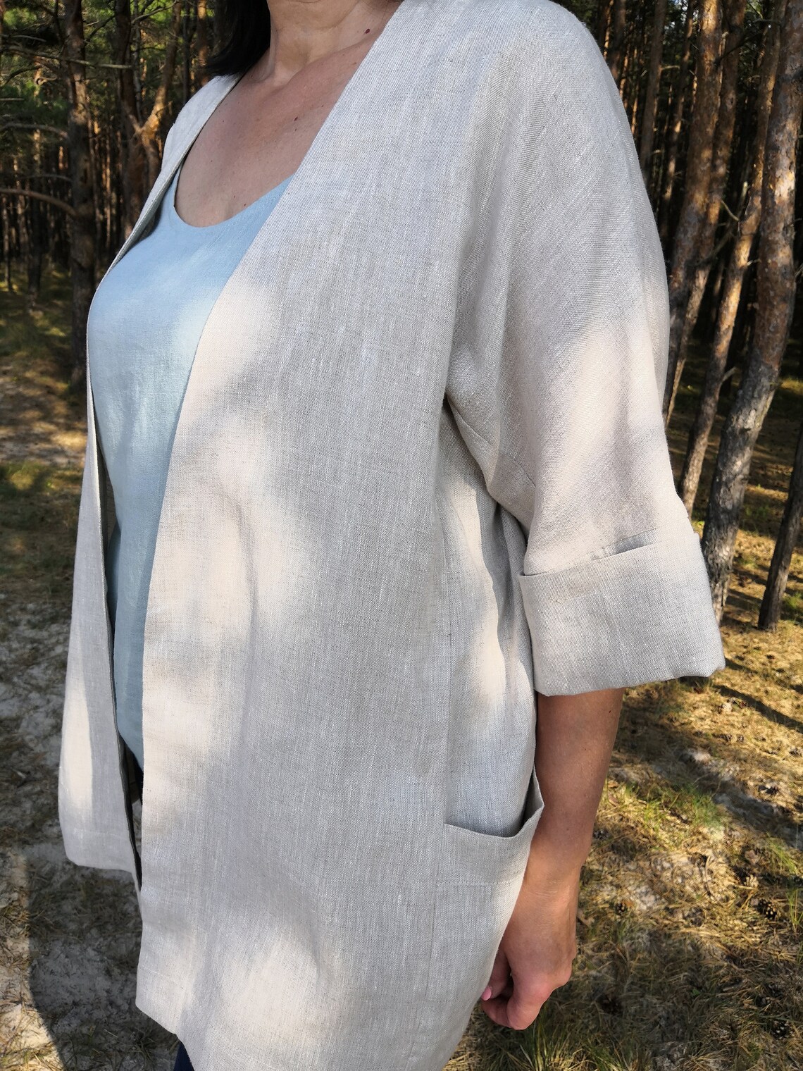 Long linen kimono blazer with 3/4 sleeves and pockets natural | Etsy