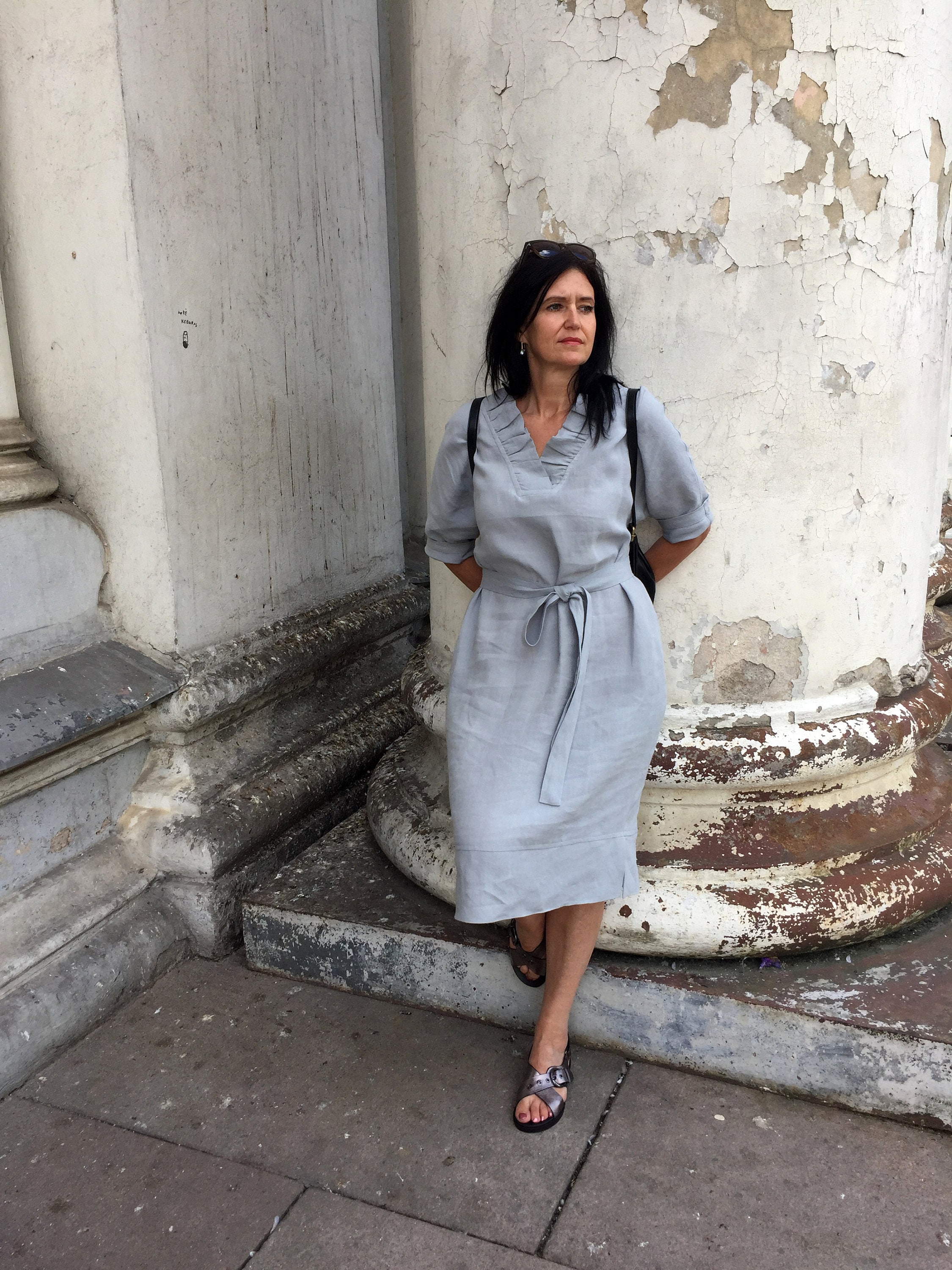 Loose linen light blue shift dress with kimono sleeves washed | Etsy