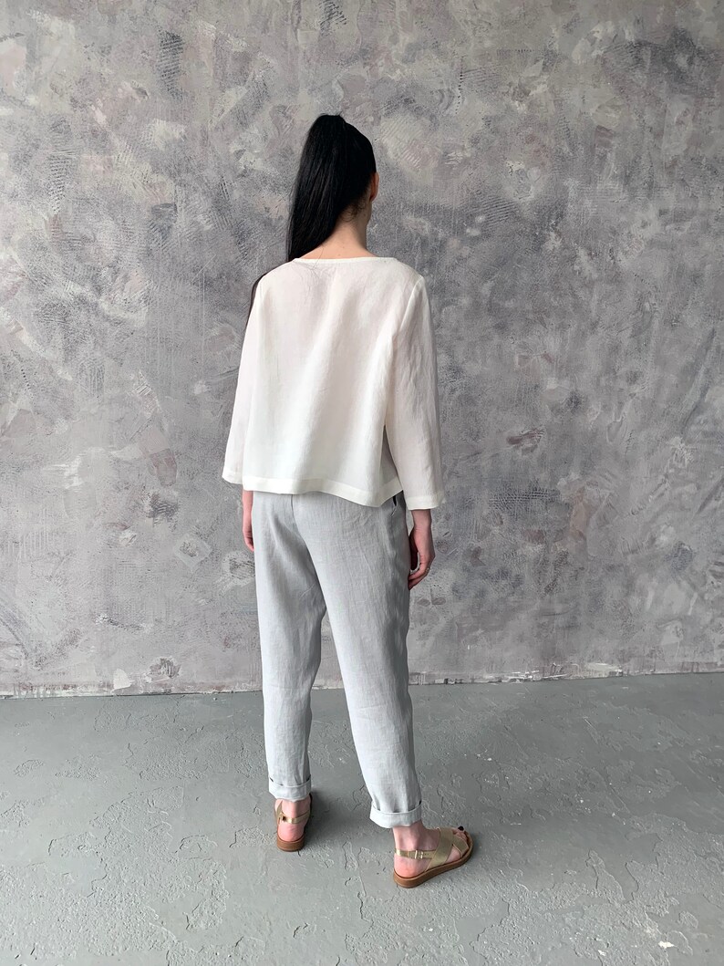 Loose pure linen white japanese style blouse with long | Etsy