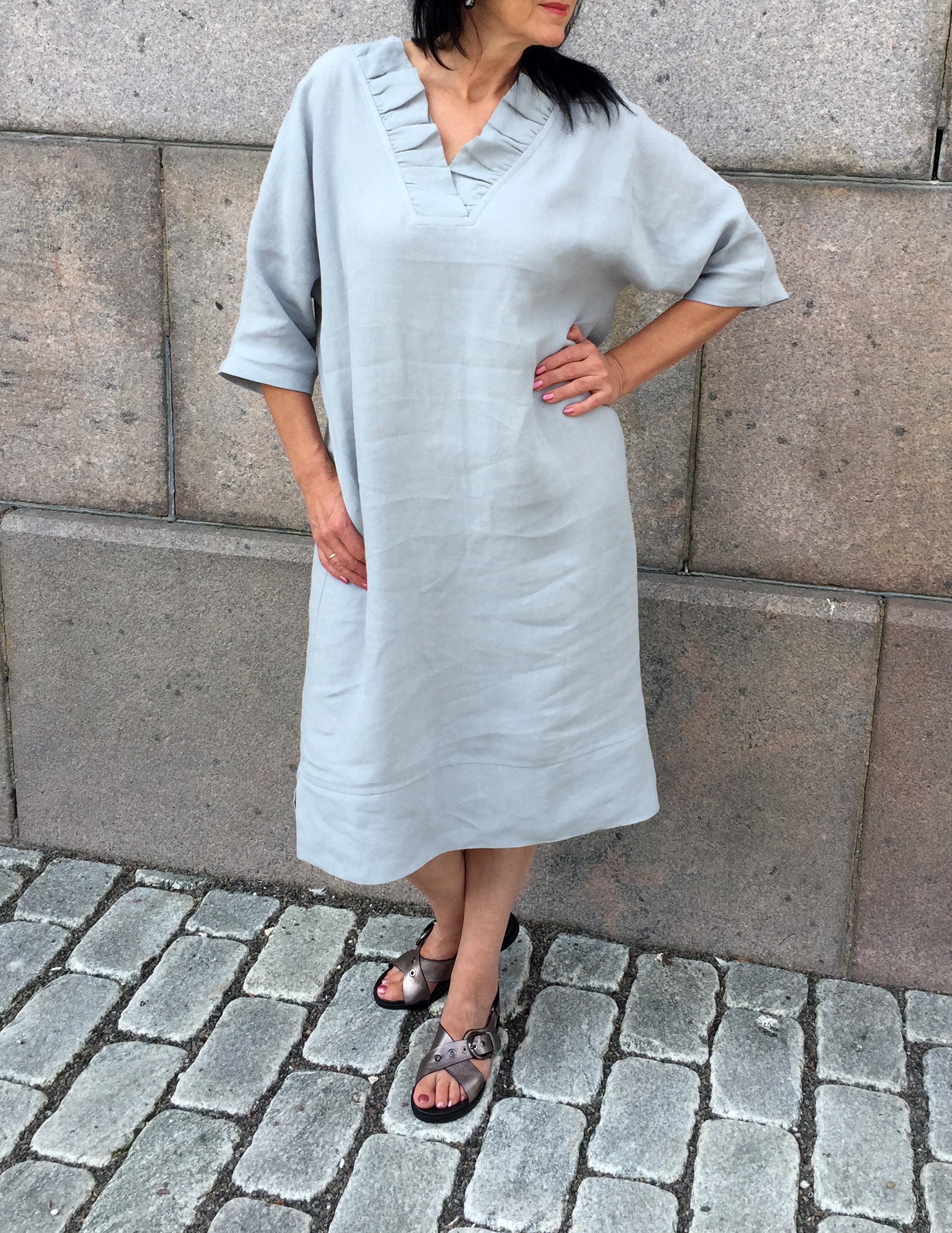 Loose linen light blue shift dress with kimono sleeves washed | Etsy