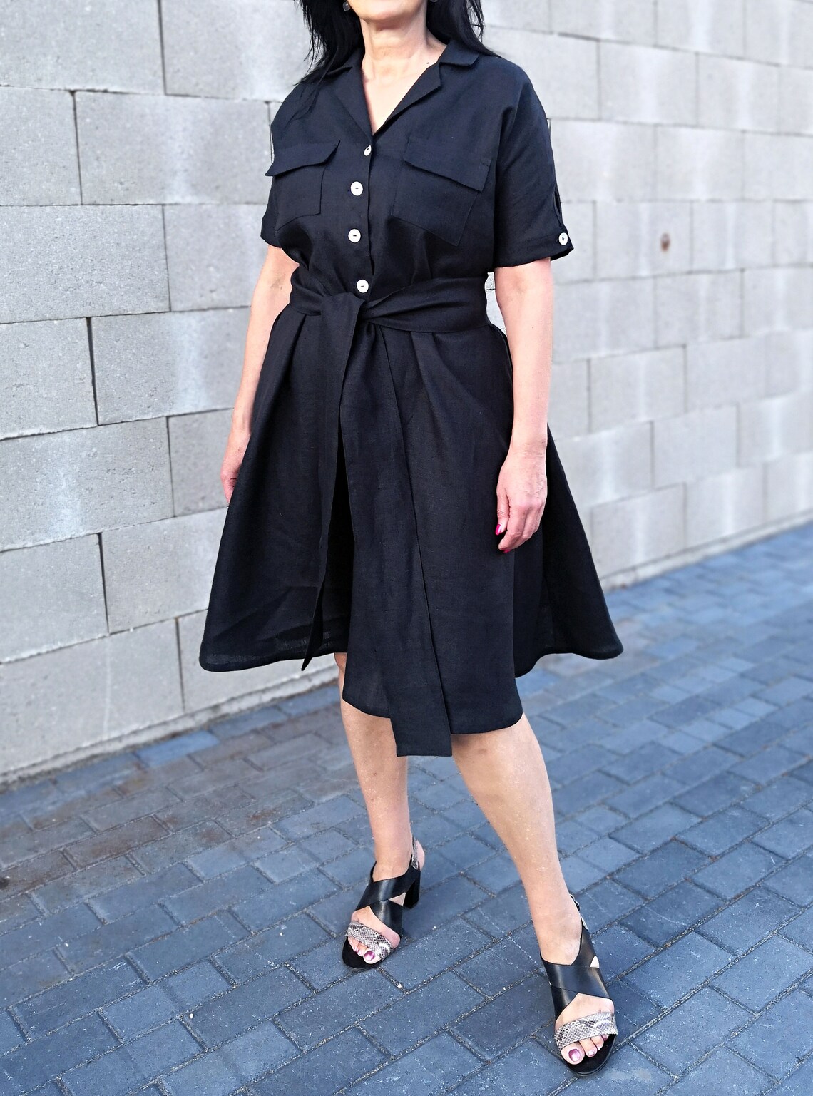 Washed Linen Shirt Style Dress With Collar and White Shells - Etsy