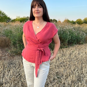 Wrap Washed Soft Linen Raspberry Pink Sleeveless Blouse, Deep V Neck ...