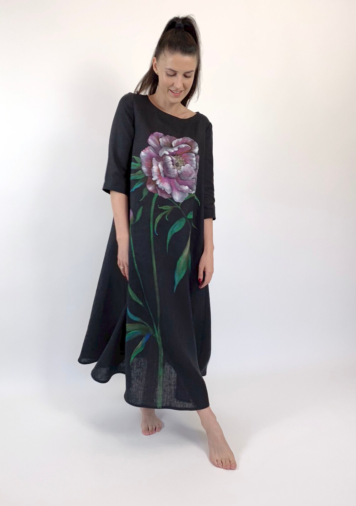 Hand Painted Peonies Black Maxi Loose and Unique Linen Dress - Etsy