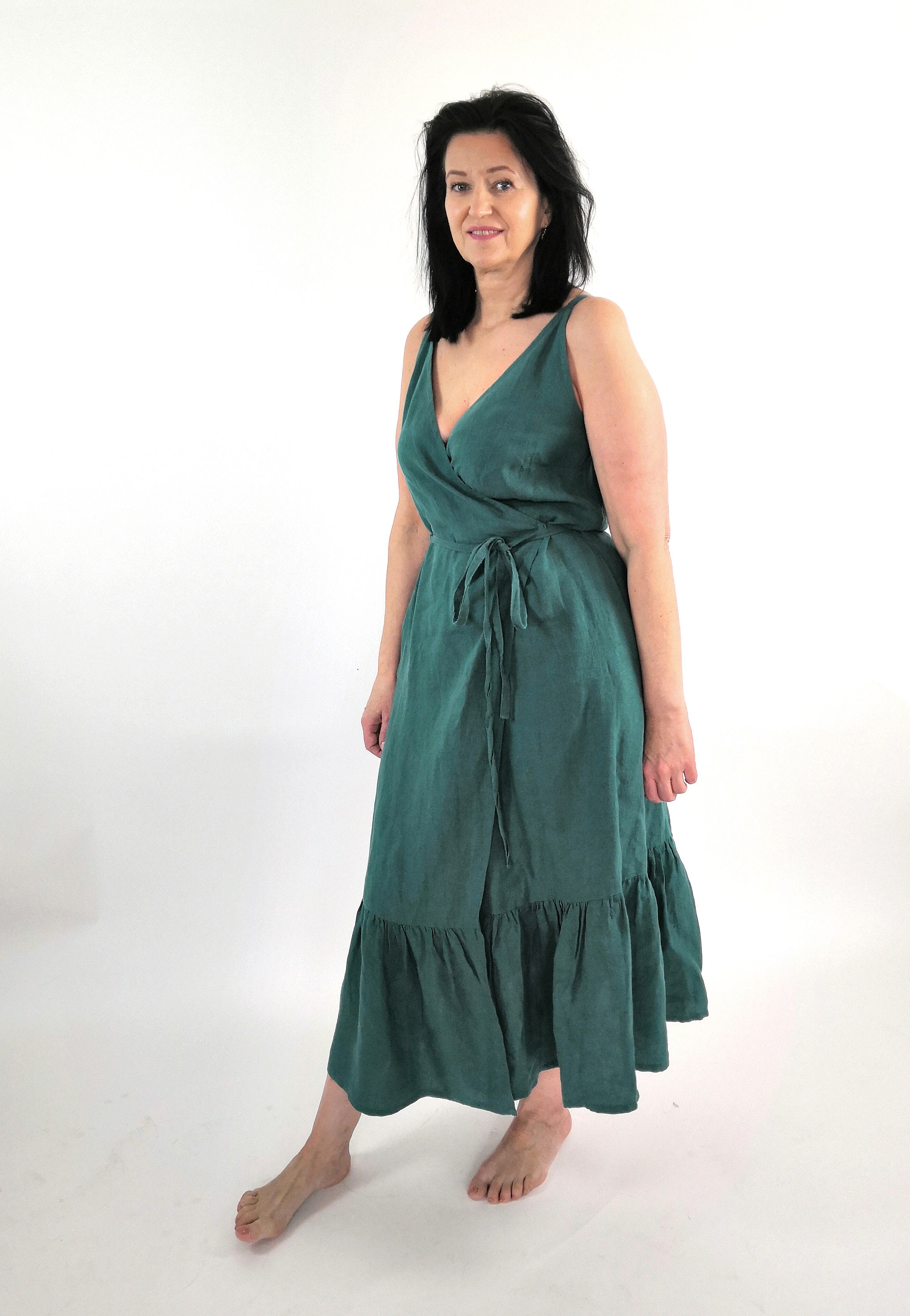 Wrap Sleeveless Long Linen Ruffle Dress With Pockets Simple - Etsy