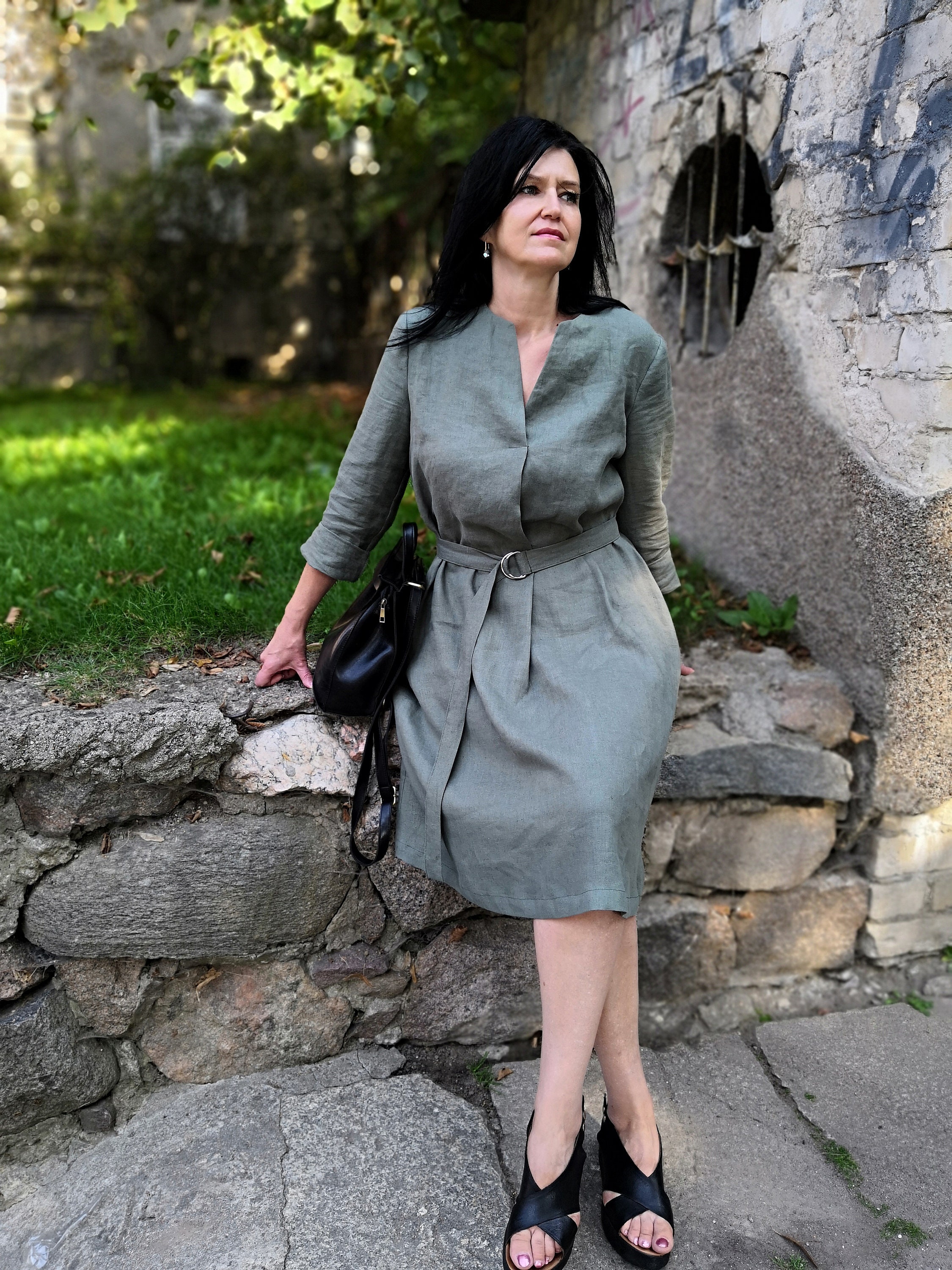 Linen Dress With Belt Washed Linen Dress With Long Sleeves - Etsy