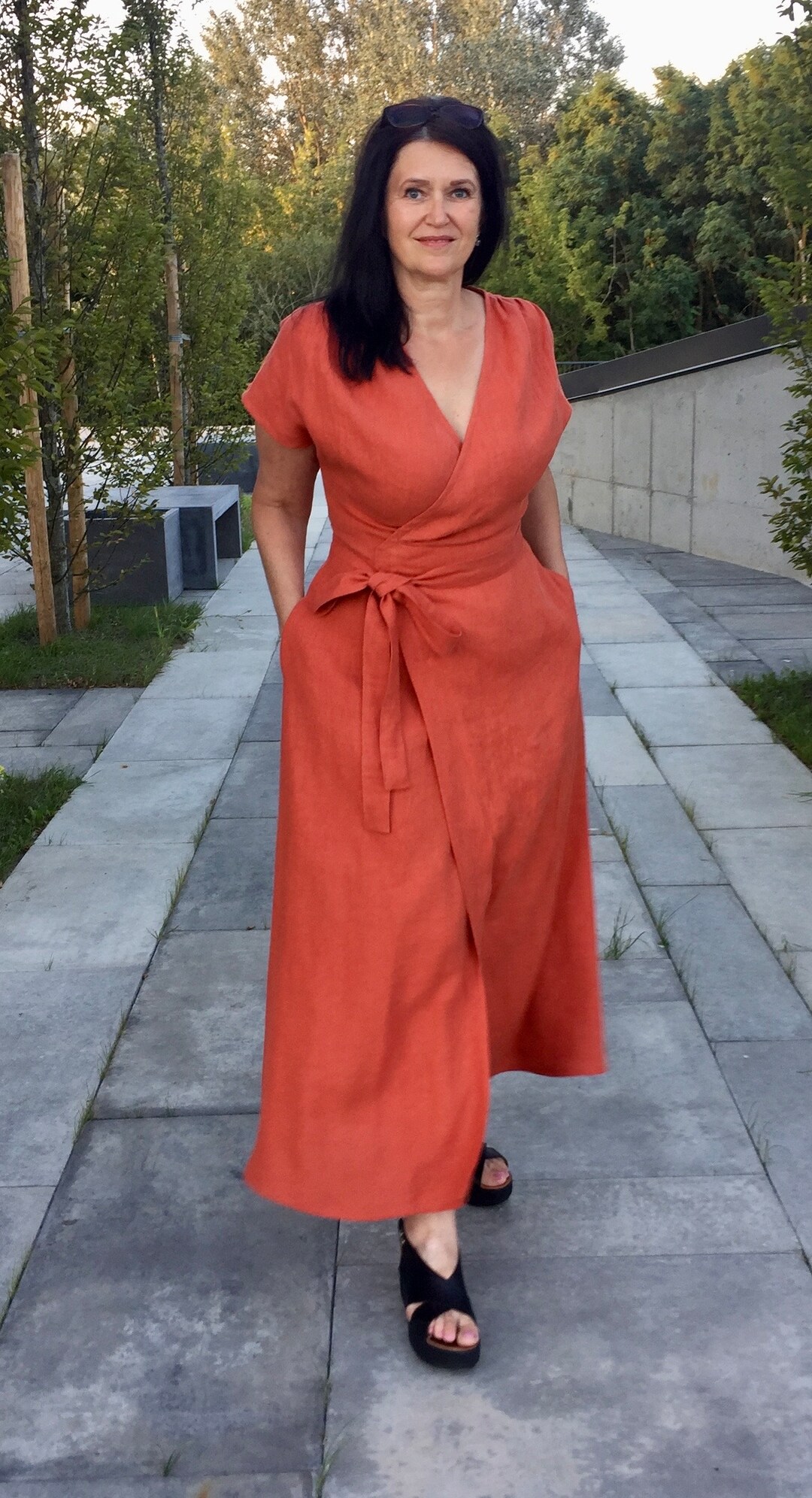 Long Wrap Washed Linen Loose Bricks Red Dress With Pockets and Short ...