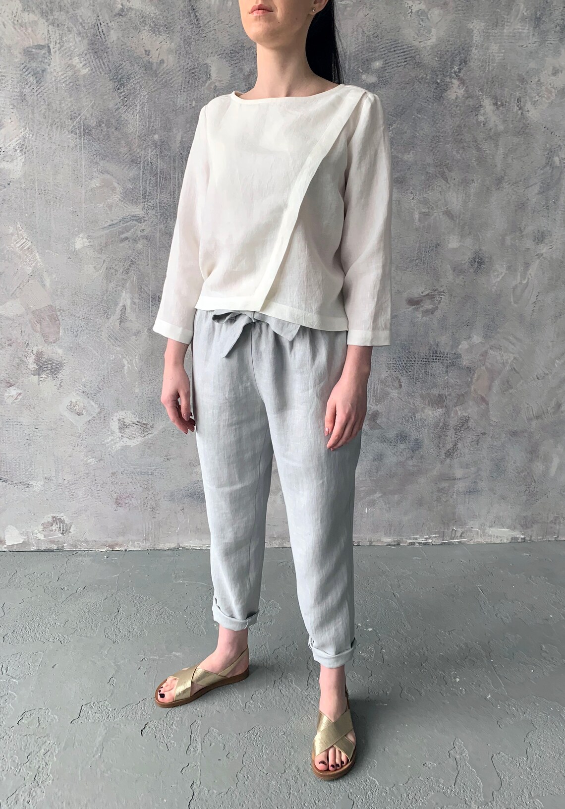 Loose pure linen white japanese style blouse with long | Etsy