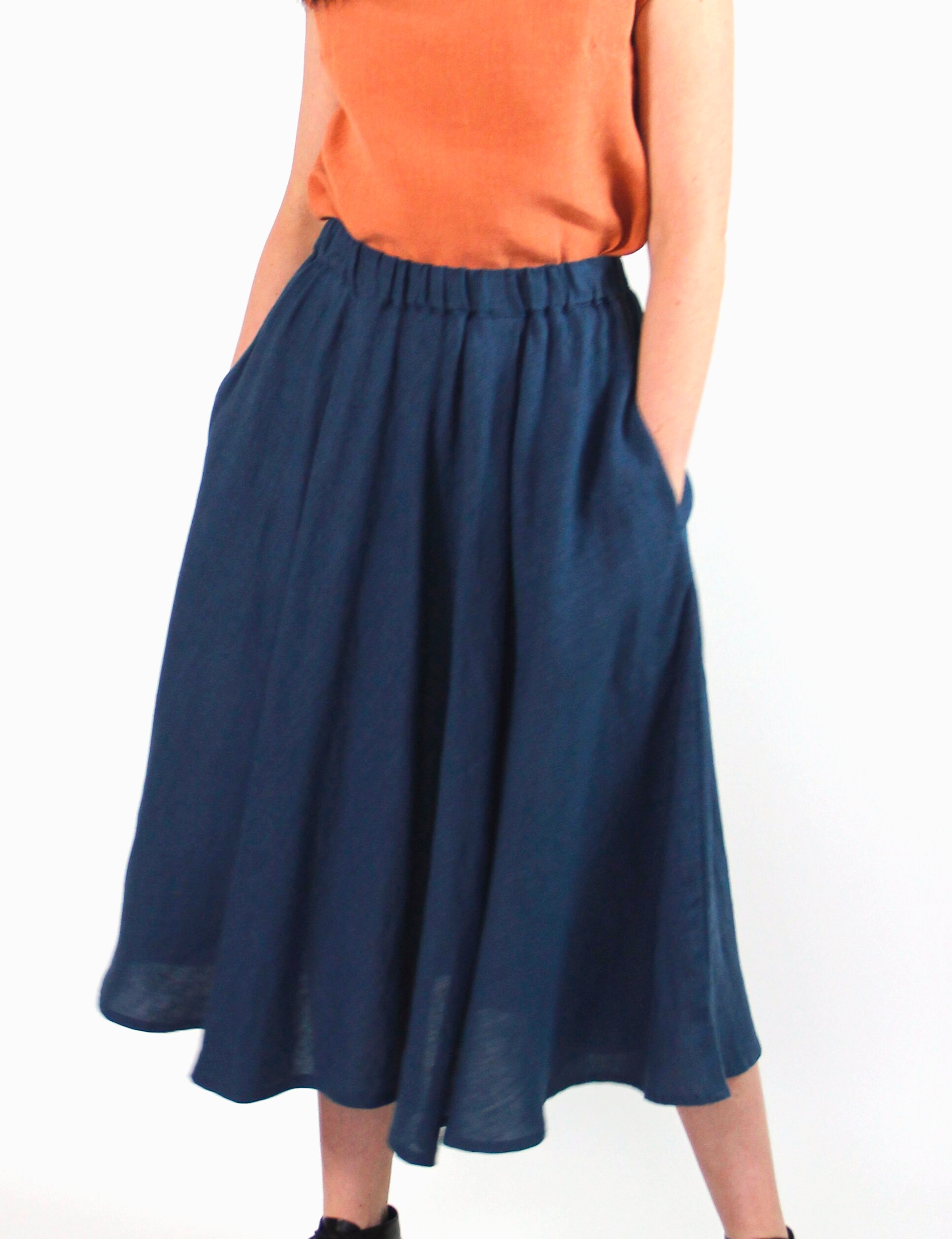 Washed Linen Mid-calf Circle&skater Style Navy Blue Skirt With Elastic ...