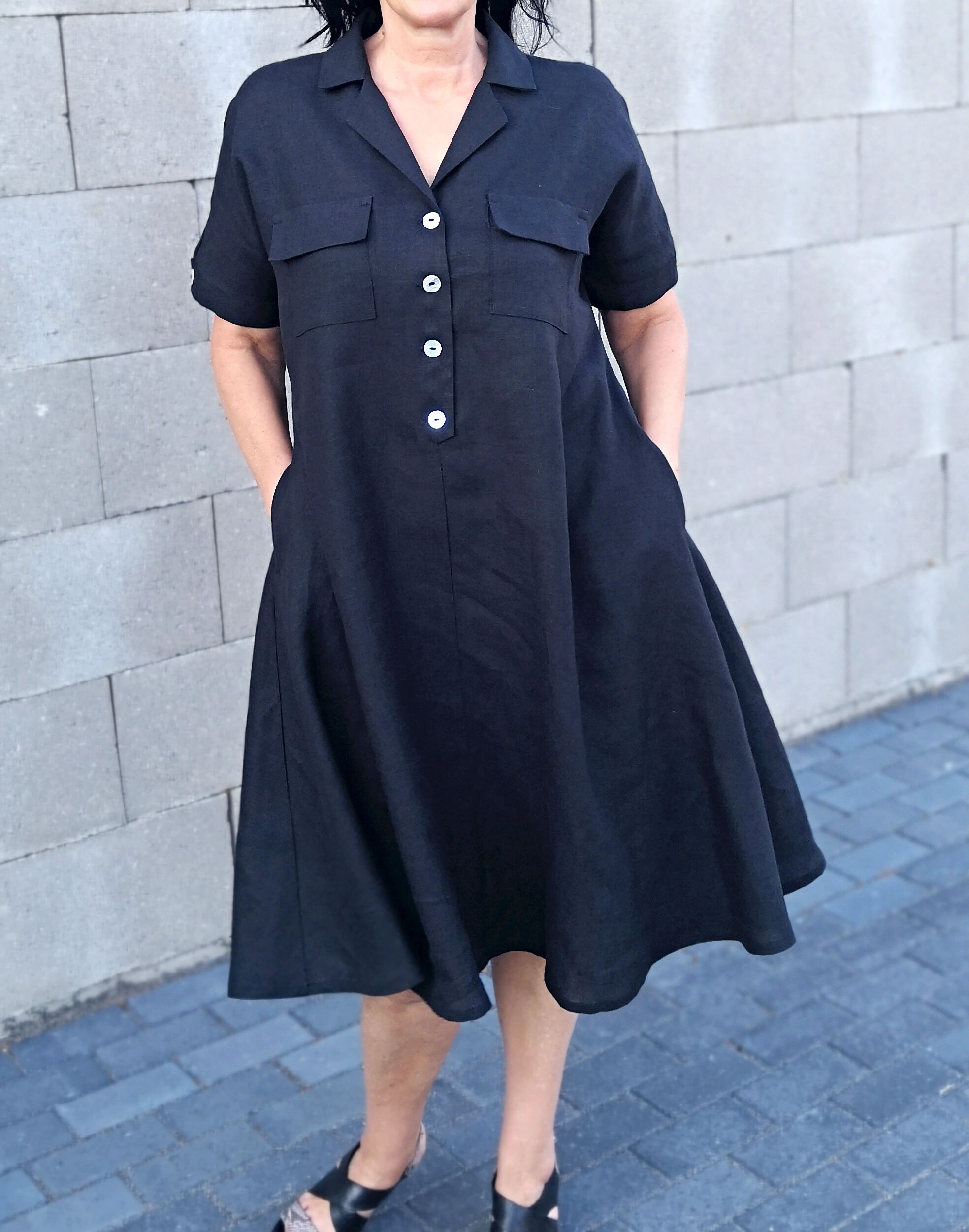 Washed Linen Shirt Style Dress With Collar and White Shells | Etsy