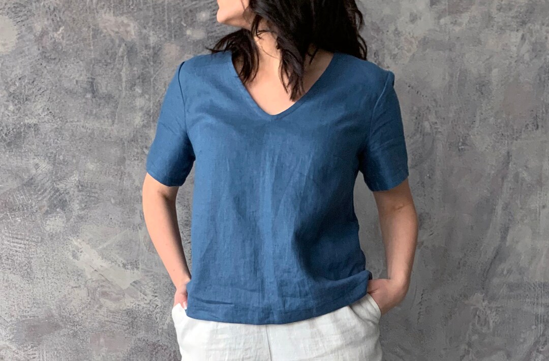 Loose Natural Blue Washed Linen Casual Blouse With Short Sleeves for ...