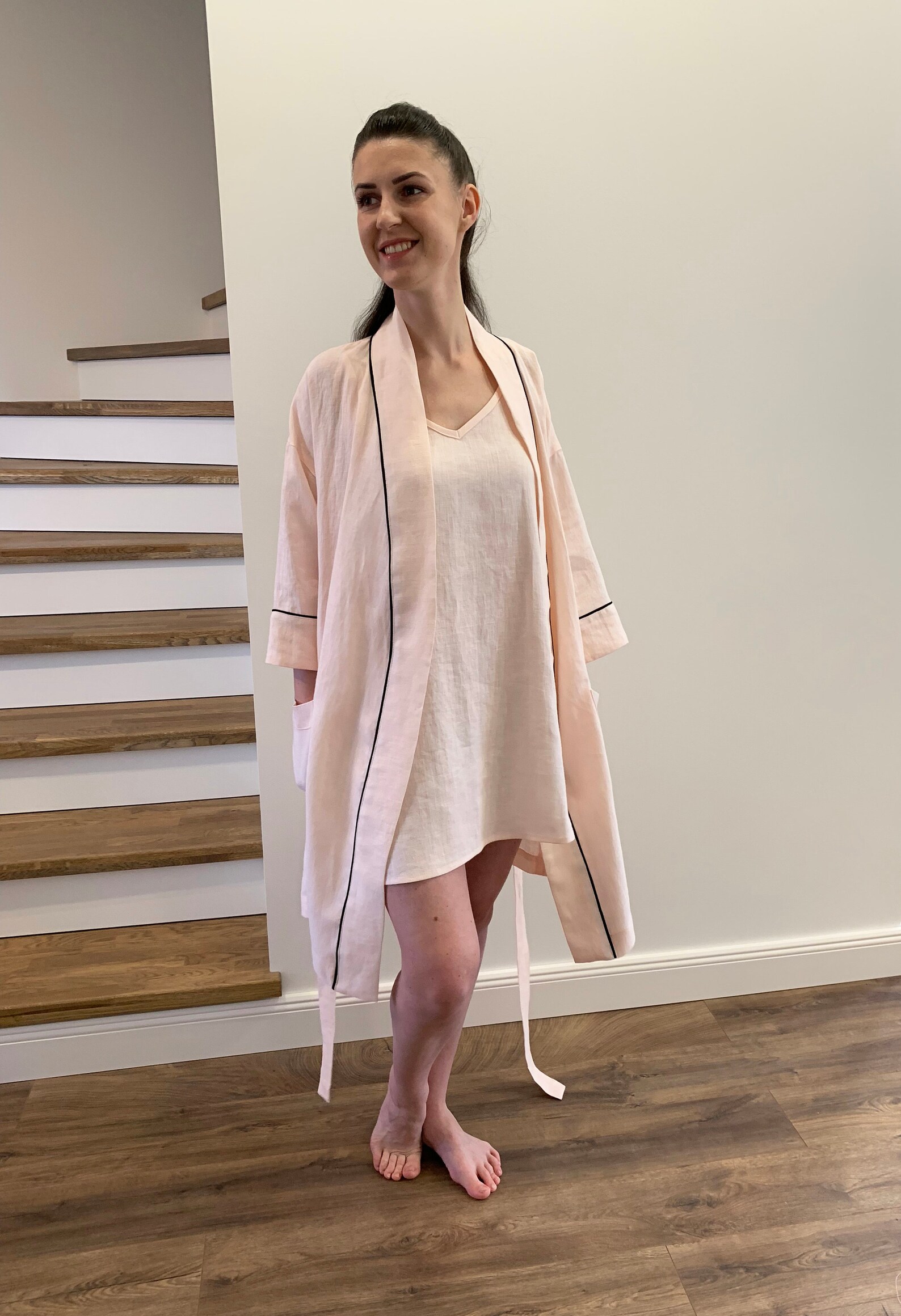 Linen Kimono Wrap Bathrobe With Pockets for Women, Light Pink Soft ...