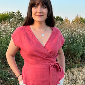 Wrap Washed Soft Linen Raspberry Pink Sleeveless Blouse, Deep V Neck ...
