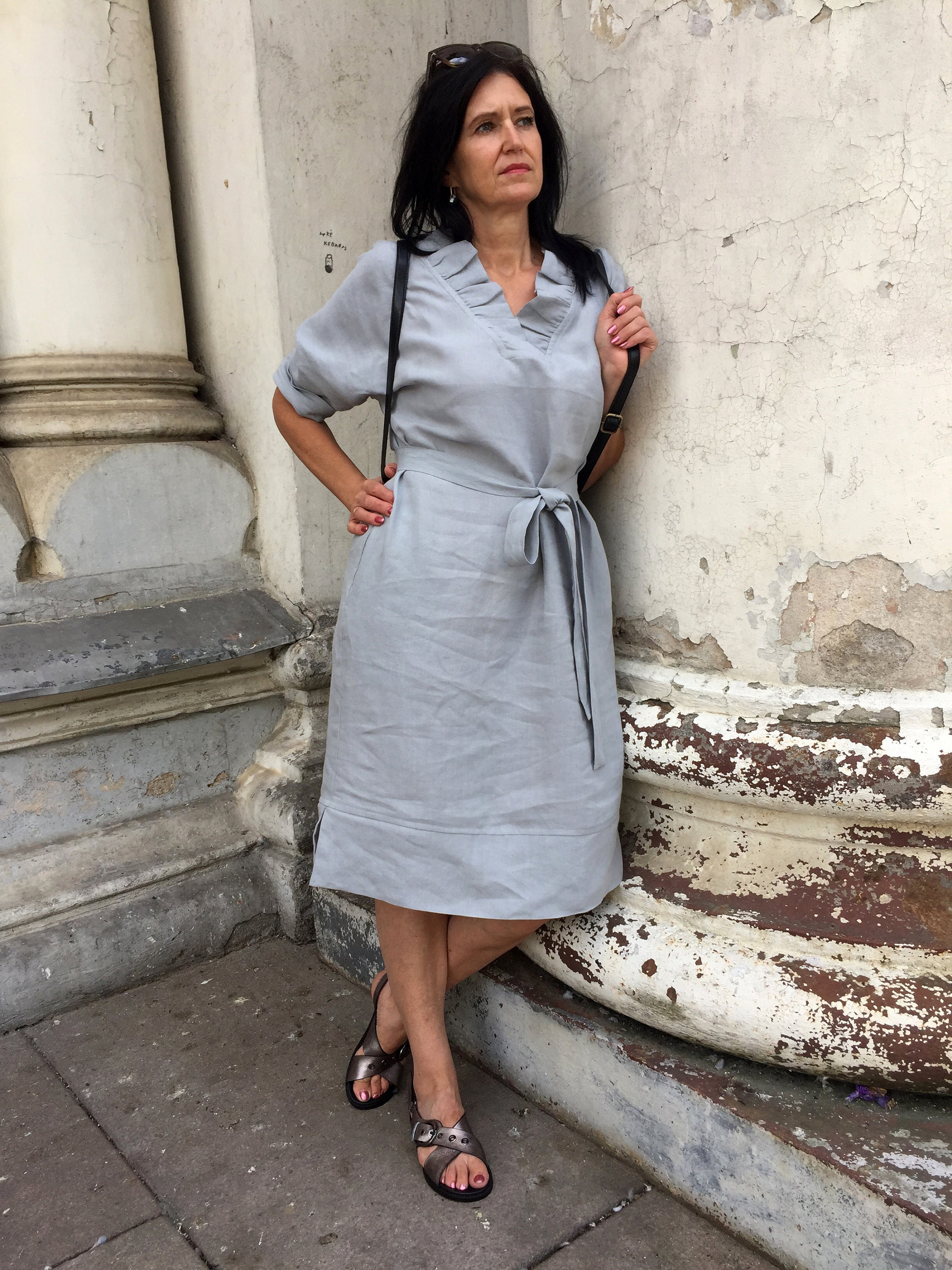 Loose linen light blue shift dress with kimono sleeves washed | Etsy