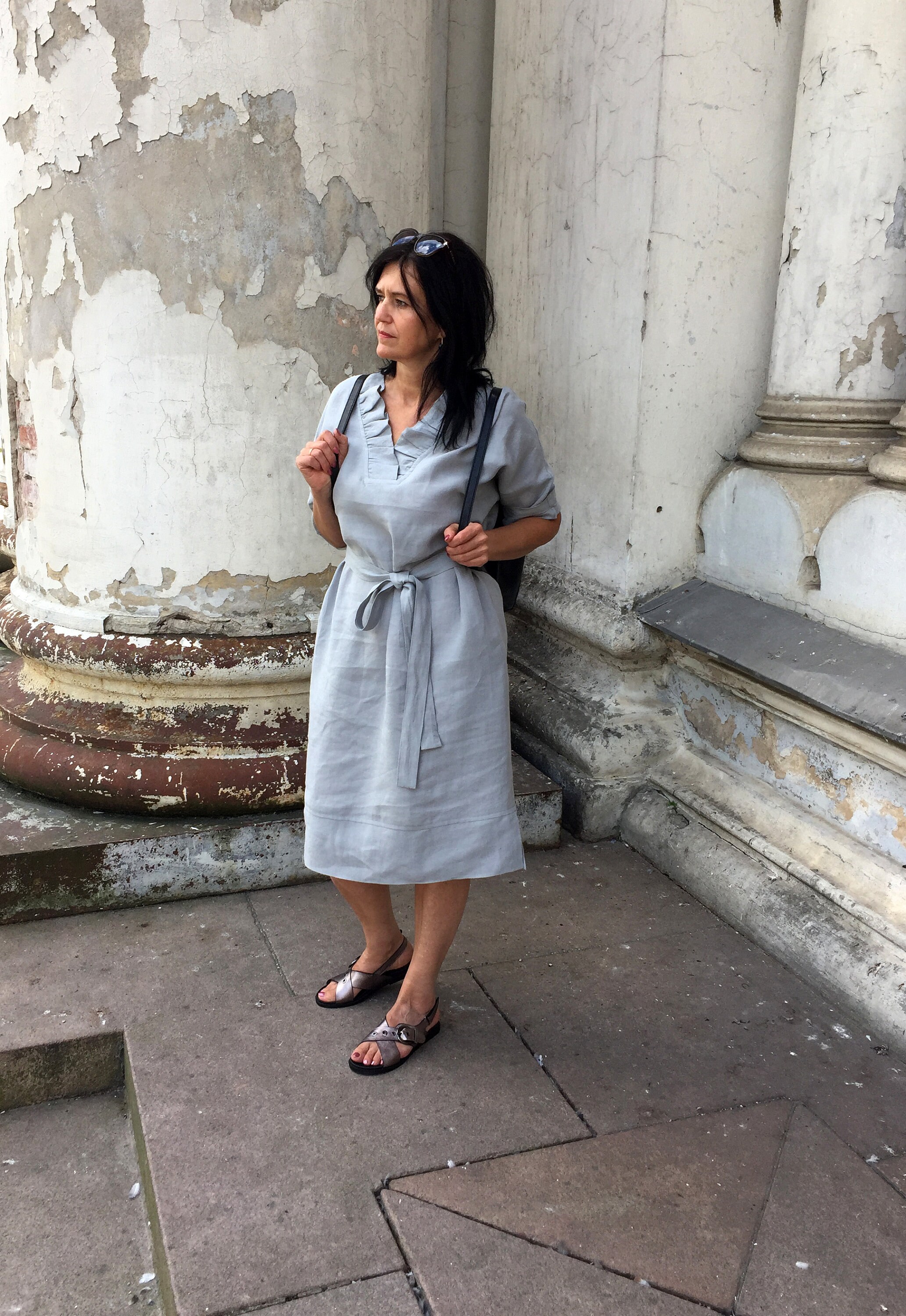 Loose linen light blue shift dress with kimono sleeves washed | Etsy