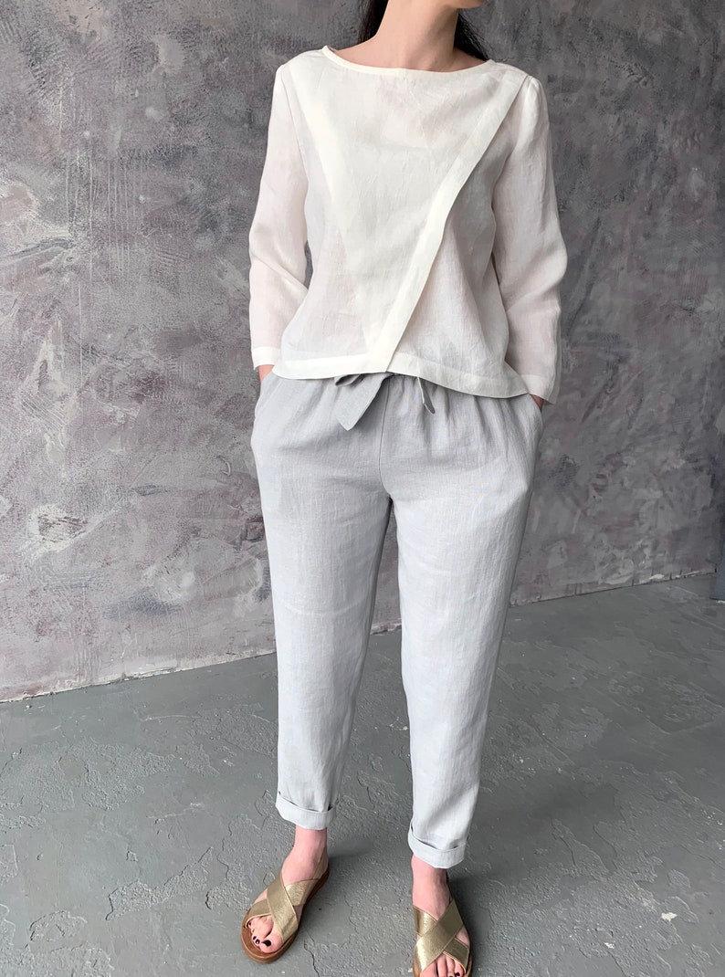 Loose pure linen white japanese style blouse with long | Etsy