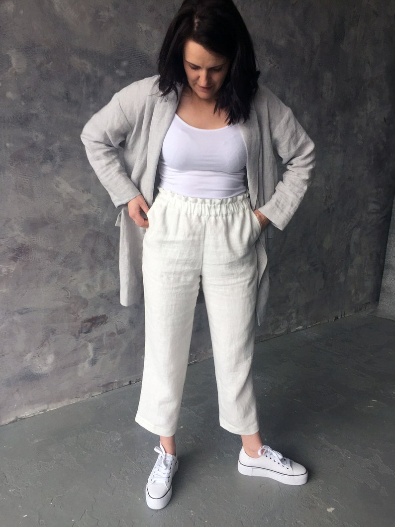 Loose white washed linen pants with elastic waist and pockets | Etsy