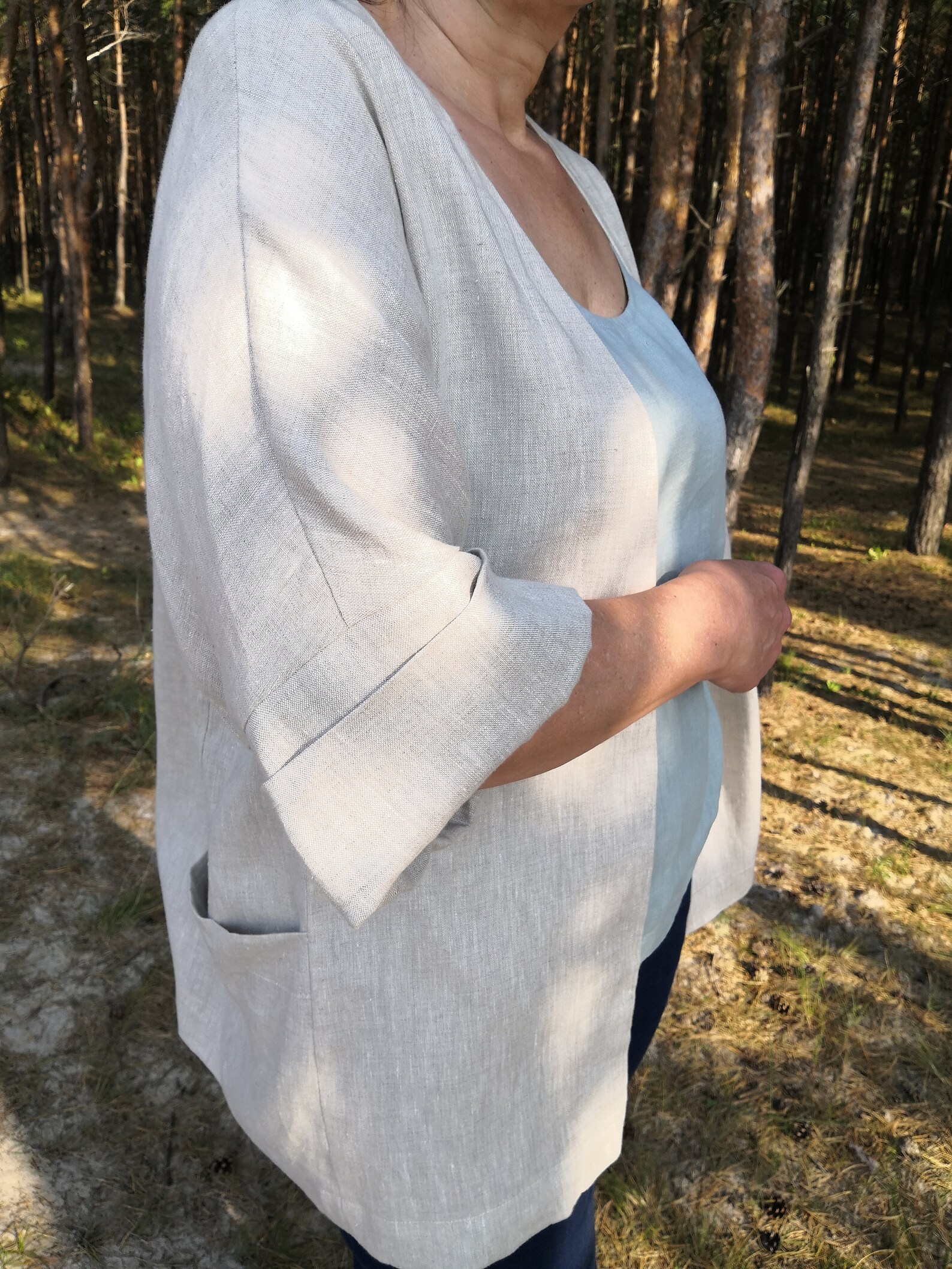 Long linen kimono blazer with 3/4 sleeves and pockets natural | Etsy