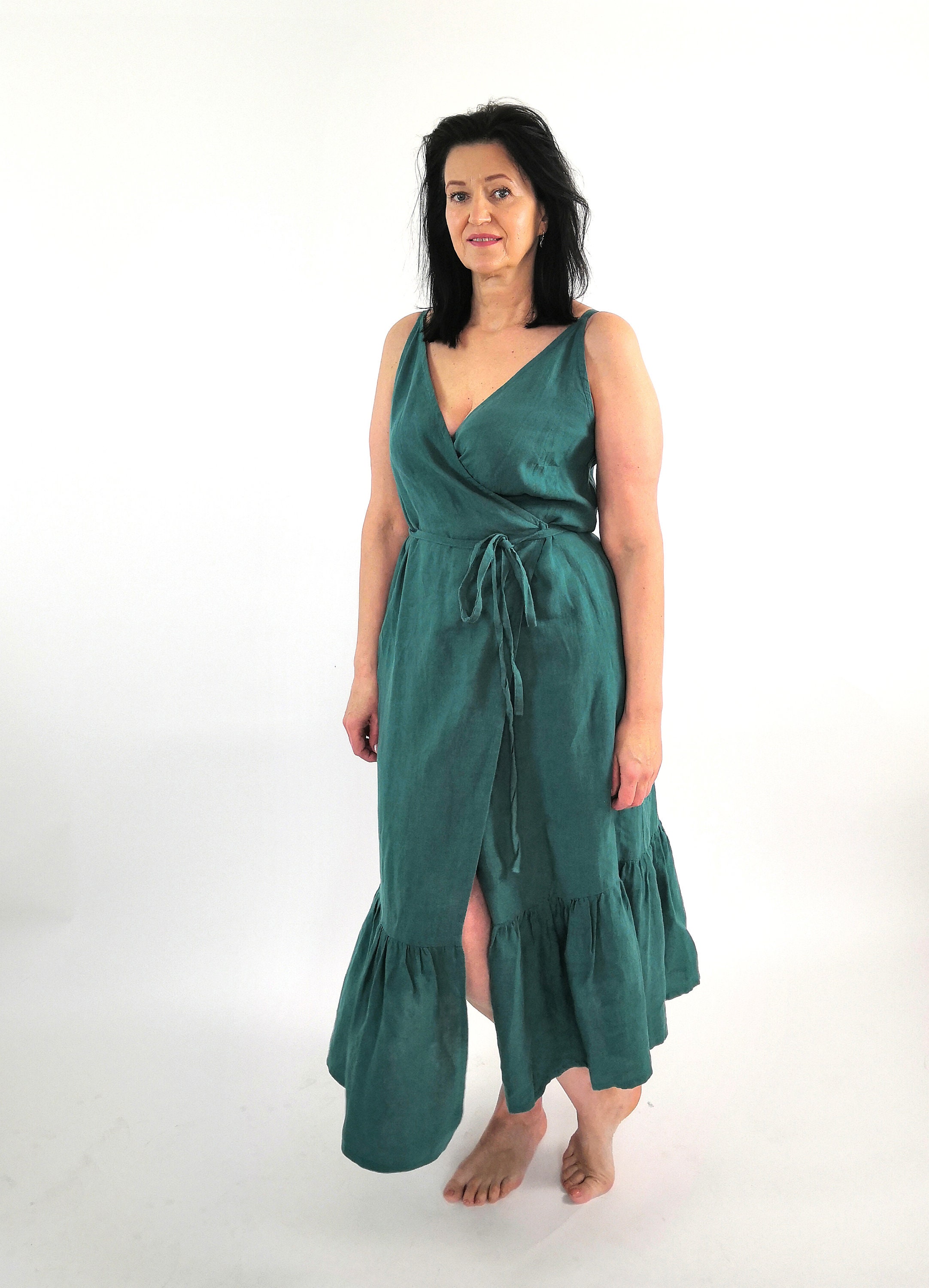 Wrap Sleeveless Long Linen Ruffle Dress With Pockets Simple - Etsy