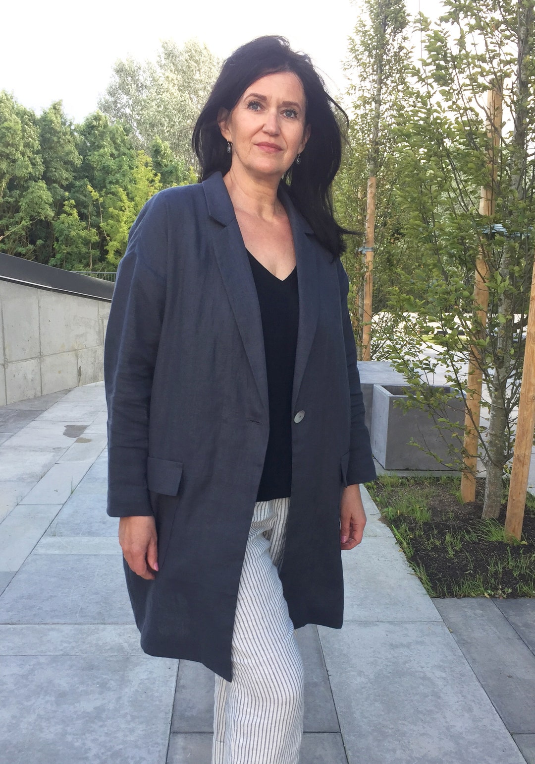 Long Washed Soft Linen Jacket With Button, Pockets and Collar, Graphite ...
