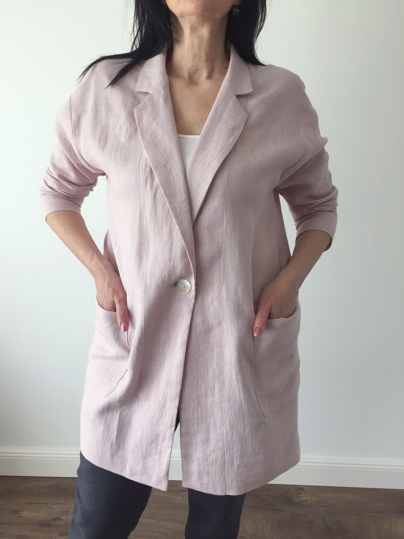 Long Sleeves Light Pink Washed Linen Oversized Blazer With Collar and ...