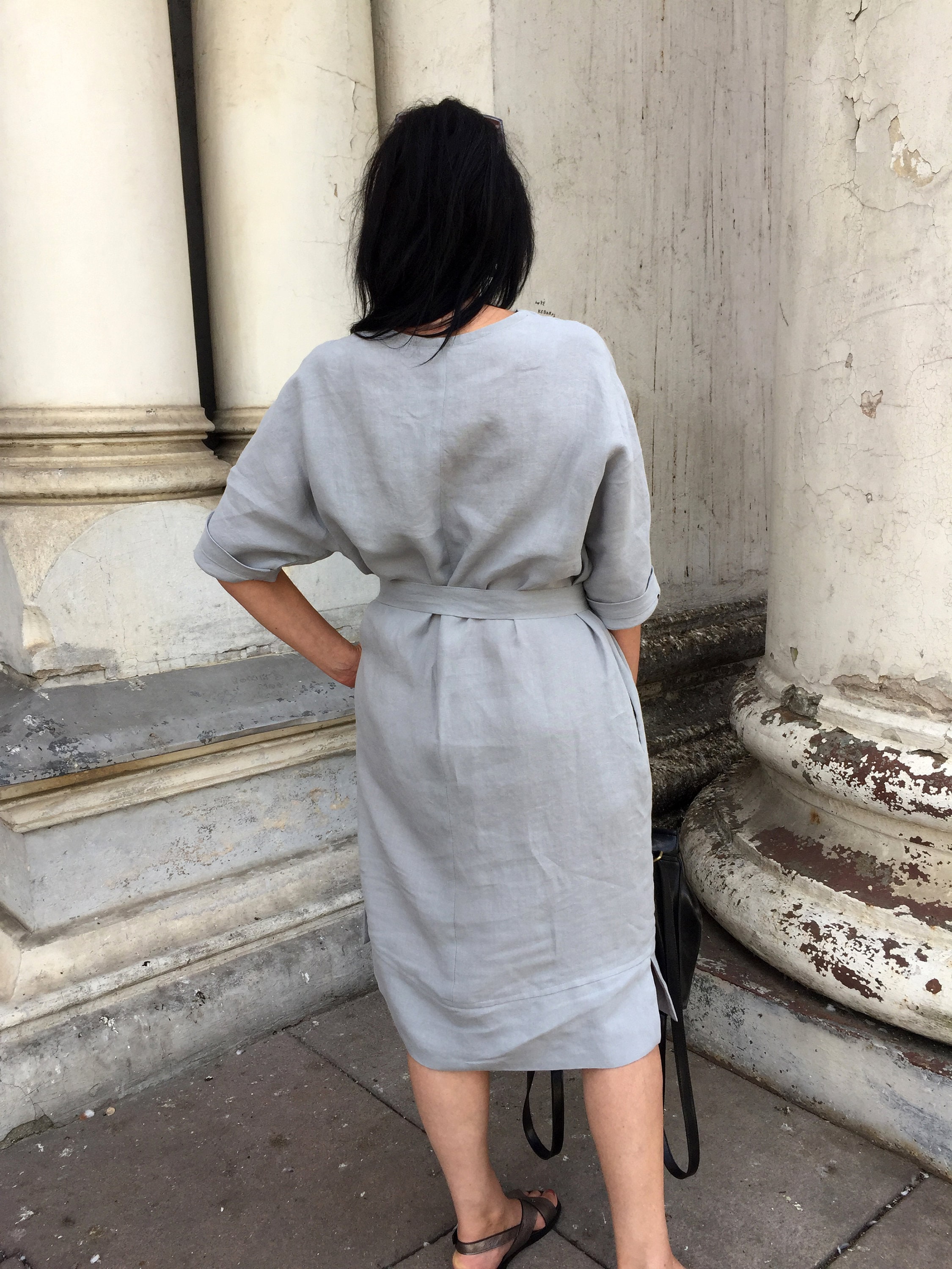 Loose linen light blue shift dress with kimono sleeves washed | Etsy