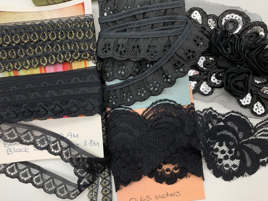 8.4 Metre Bundle BLACK LACE. Assorted Lace and Trim With Silver Sequins ...