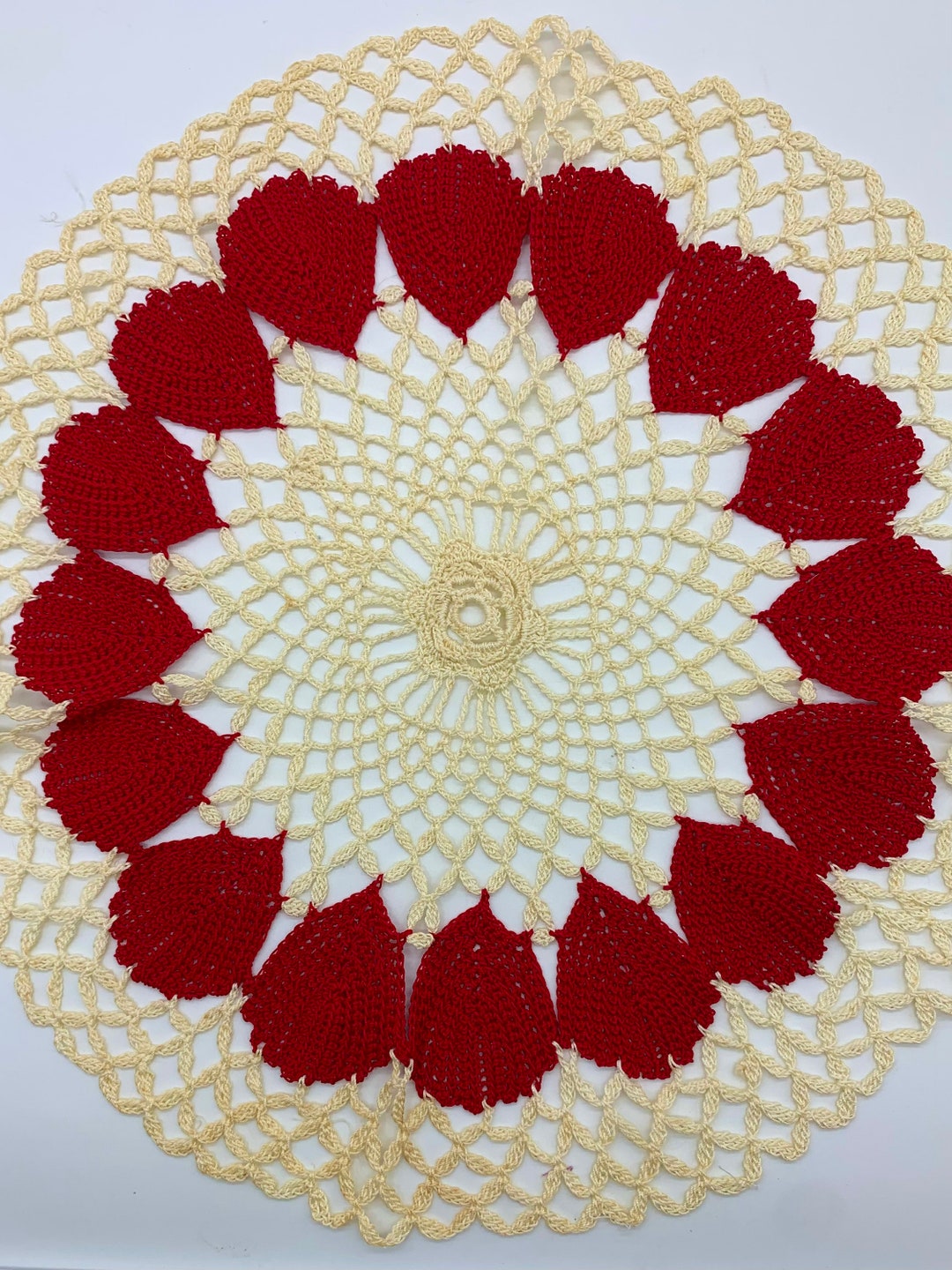 Red and Cream Doily, Hand Crocheted Circular Motif, Centrepiece ...