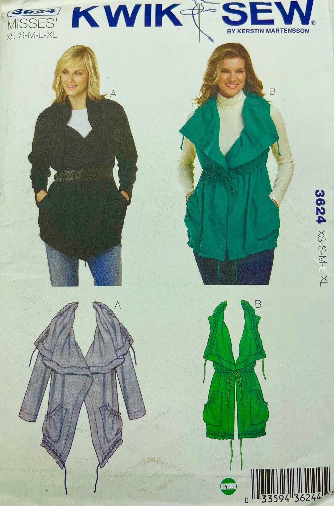 UNCUT Kwik Sew 3624. Misses Jacket and Vest With Large Slouchy Collar ...