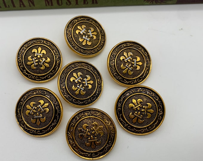 7 X Set of Fleur De Lis Buttons, Brass Colour, Metal Buttons With Shank ...