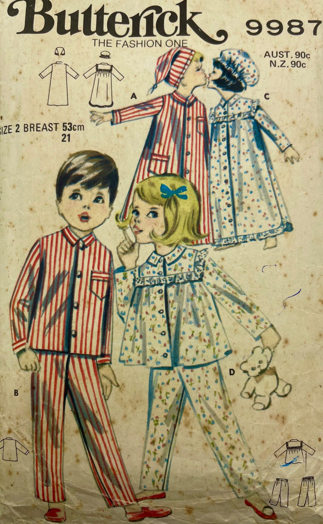 Vintage 1960s Butterick Kids 9987. Child's Pajamas, Night Gown, Cap and ...
