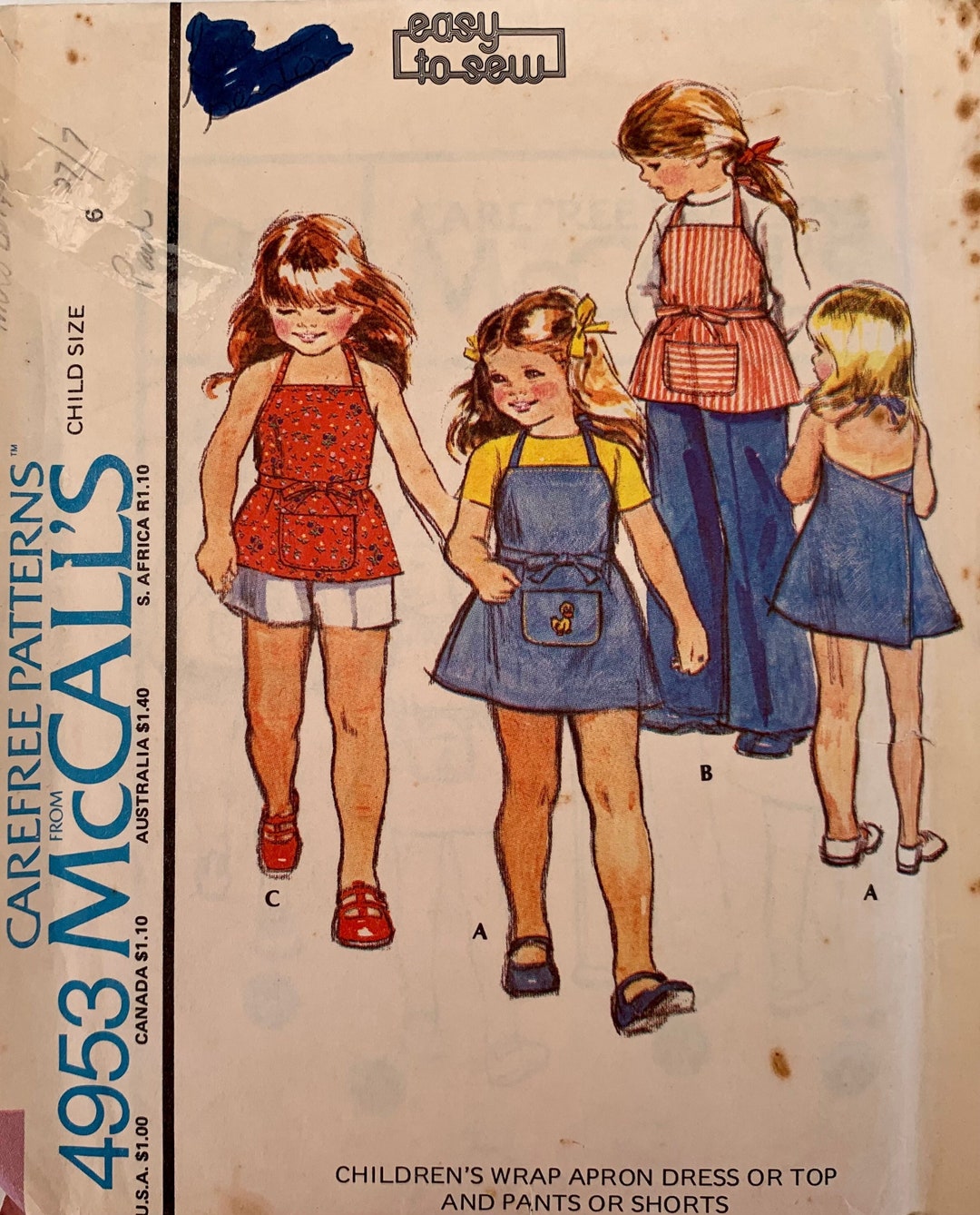Mccalls 4953. Vtg' 70s Apron Wrap Apron Dress, Wrap Apron Top and Pants ...
