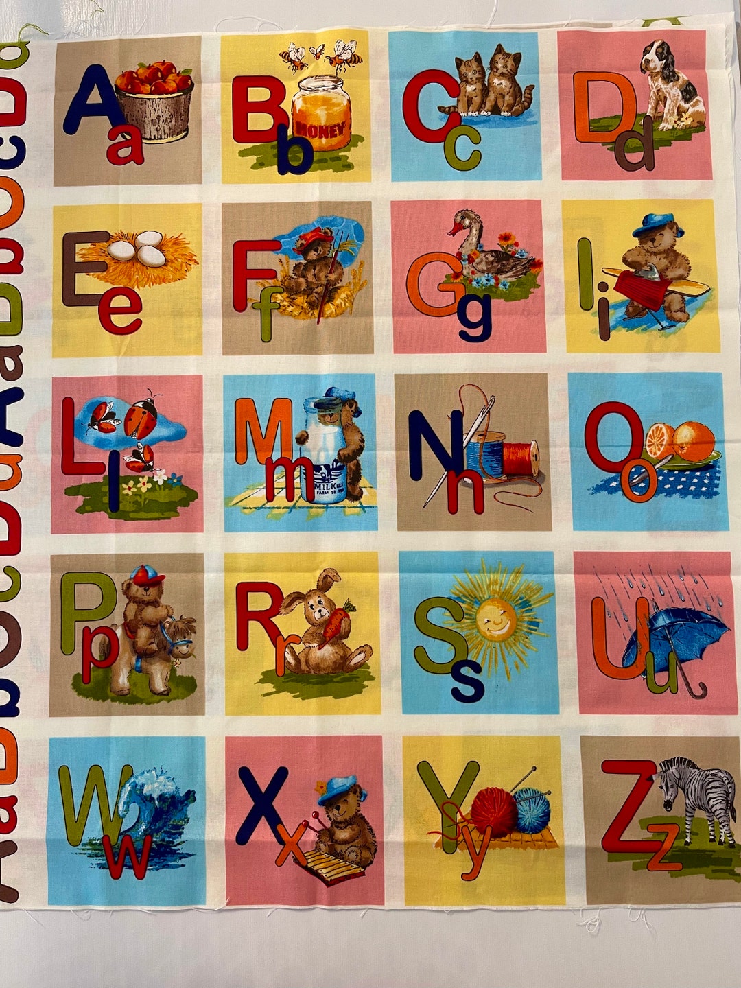 ALPHABET Fabric Panel. Design Features Cute Animals, Birds, Household ...