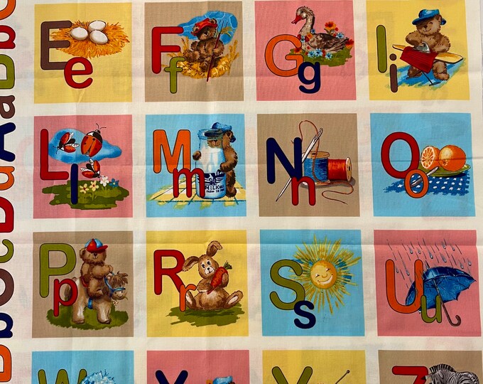 ALPHABET Fabric Panel. Design Features Cute Animals, Birds, Household ...