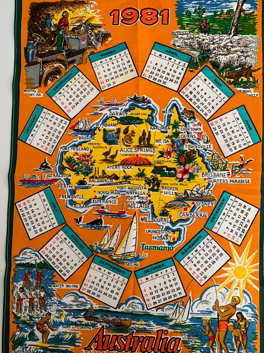 1981 Calender Tea Towel Map of Australia, 1980's Souvenir. Pure Cotton ...