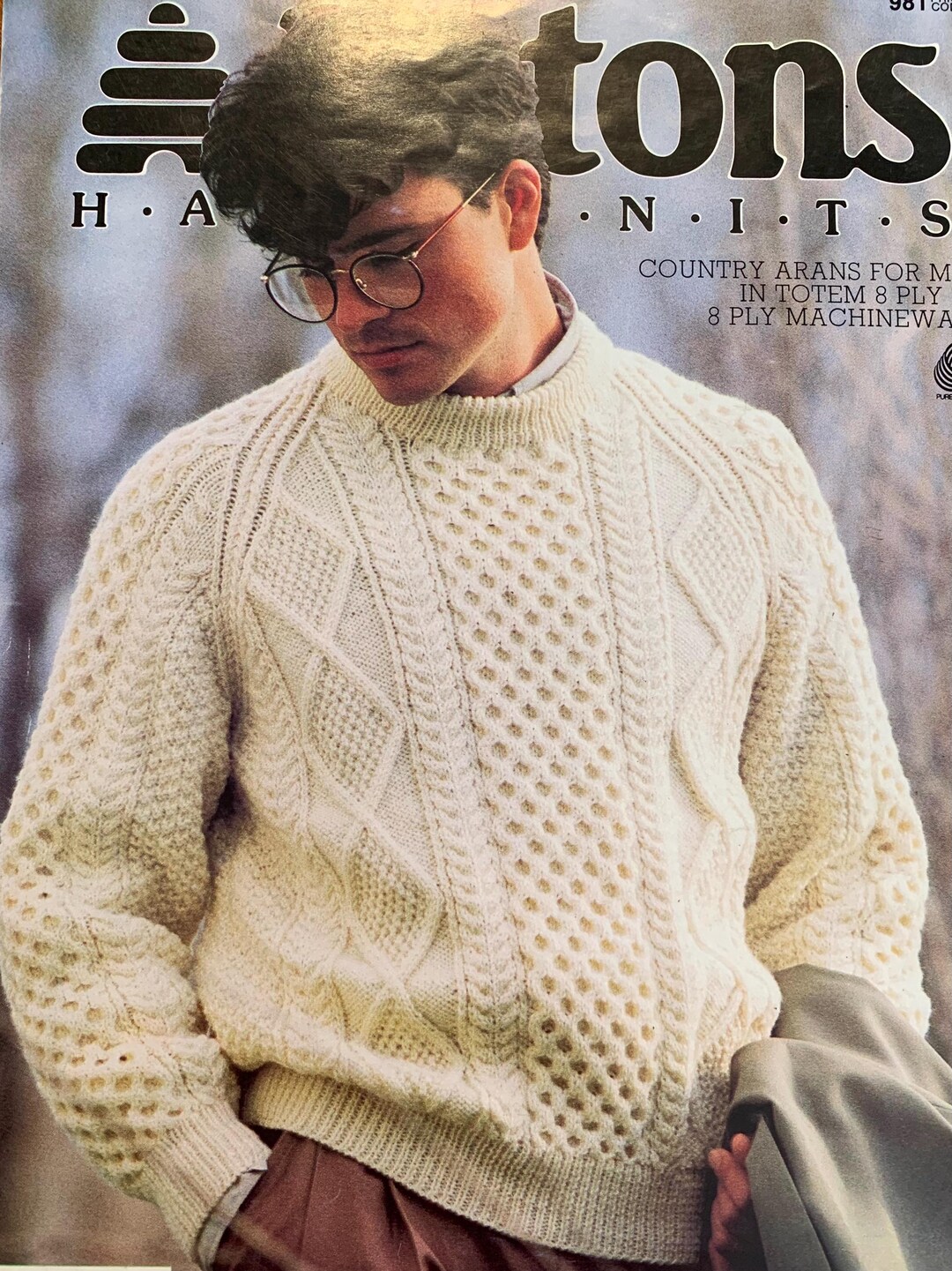 MENS ARAN Handknit Patterns by Patons 981. Totem Collection Double Knit ...