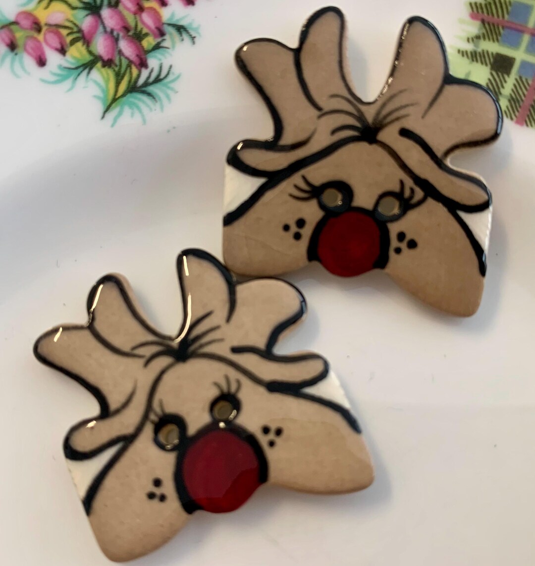 Pair of CERAMIC RUDOLPH the Red Nose Reindeer Christmas Buttons, Large ...