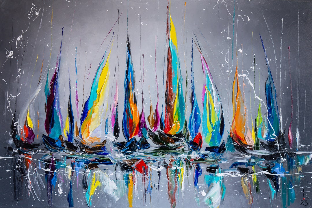 Colorful Yachts, Original Artwork Oil on Canvas 23.6x15.7x0.79/ 60x40x2 ...