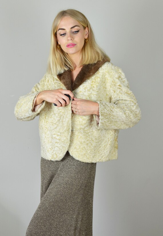 Vintage 50's Cream Curly Faux Fur & Brown Collar Crop… - Gem