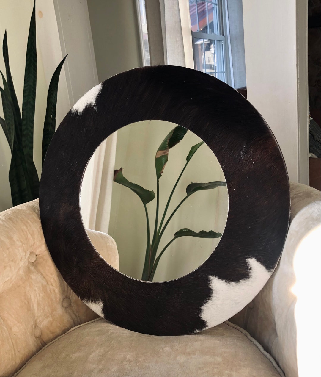 Cowhide Mirror, Western Style Mirror, Round, Cowhide Decor, Western ...