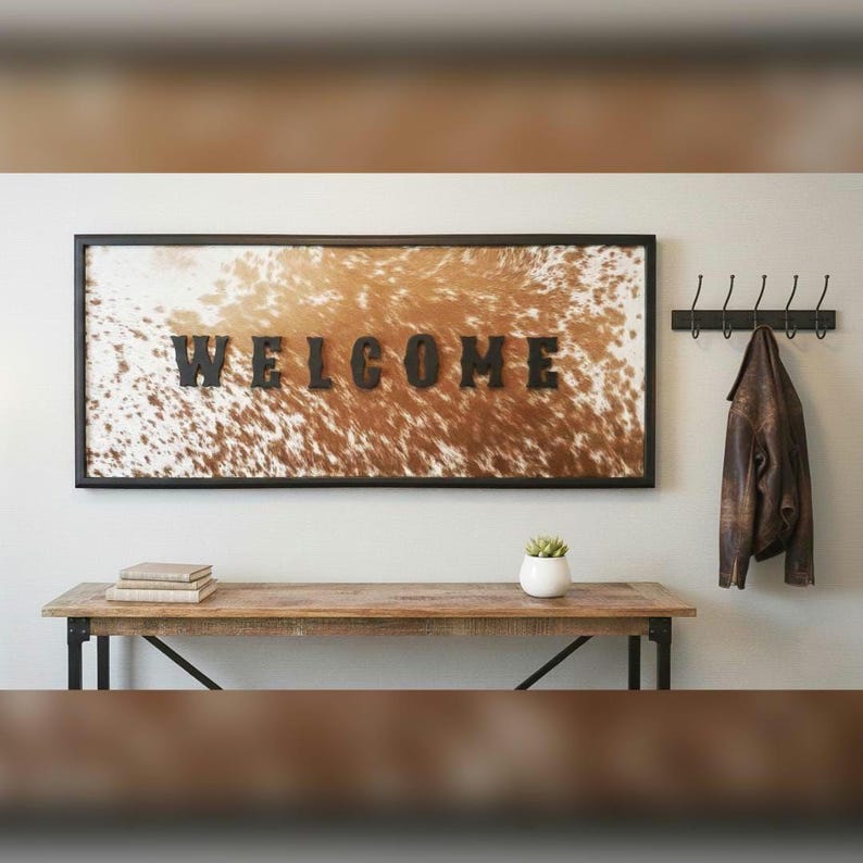 Entryway Western Farmhouse Wall Decor – Real Cowhide Wood Sign ...