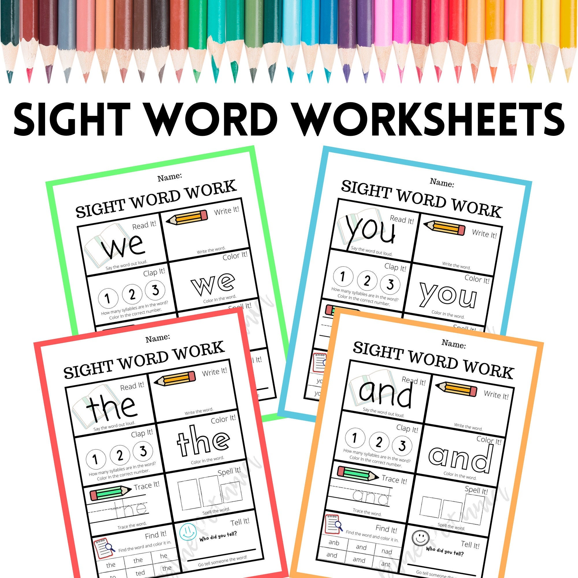 Sight Word Worksheets printable Preschool Kindergarten & - Etsy