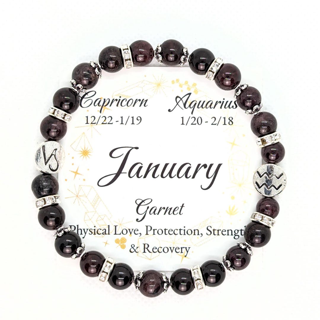 January Birthstone Bracelet, Garnet Crystal With Capricorn/aquarius ...