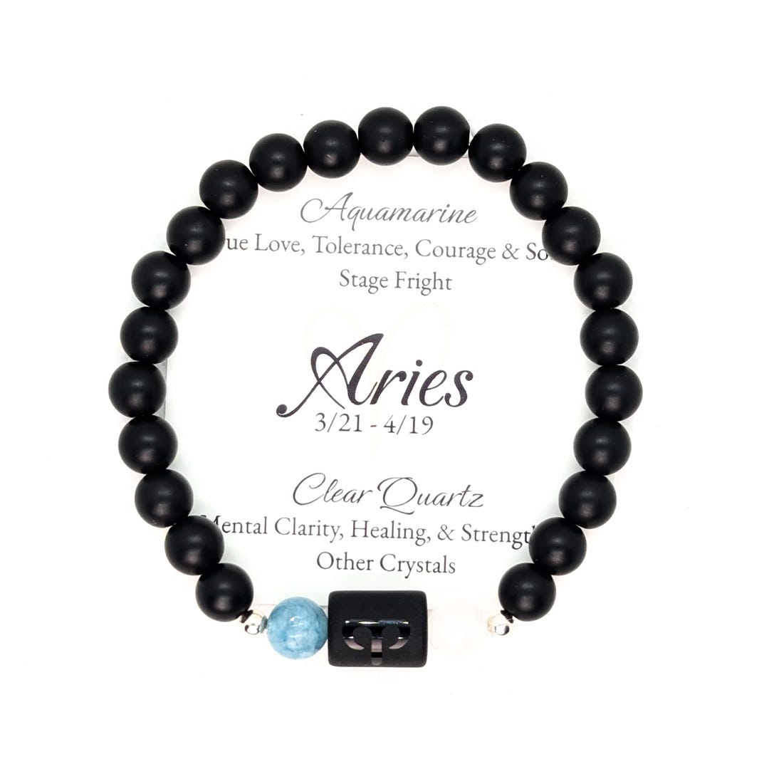 Aries Zodiac Bracelet, Matte Black Onyx, Aquamarine & Quartz ...