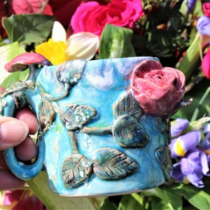 Hand Sculpted Ceramic Rose Mug With Hand Painted Glaze, Rose Mug ...