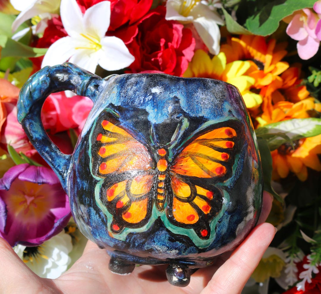 Hand Made Butterfly Mug With Feet and Hand Painted Butterfly, Butterfly ...