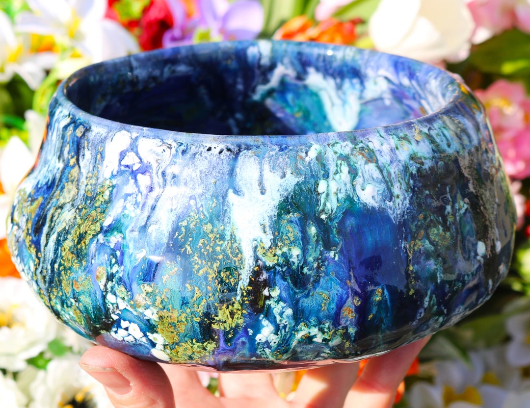 Large Wonky Wobbly Lopsided Hand Made Blue and White Ceramic Bowl With ...